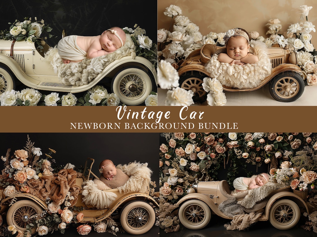 4 Car Newborn Digital Backgrounds, Vintage Car Digital Composition for ...