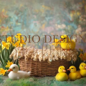 Easter Newborn Digital Backdrop Spring Baby Digital Photo Overlay Ducks Newborn Composite Basket ...