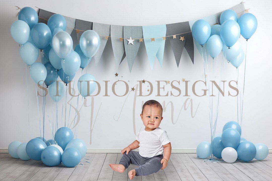 Children Birthday Backdrop,digital Composition, Balloons ONE ,blue Boy ...