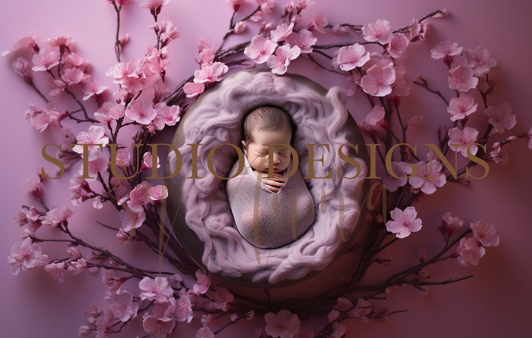 Newborn Digital Backdrop Blossom Floral Basket, Baby Photo Prop Digital ...