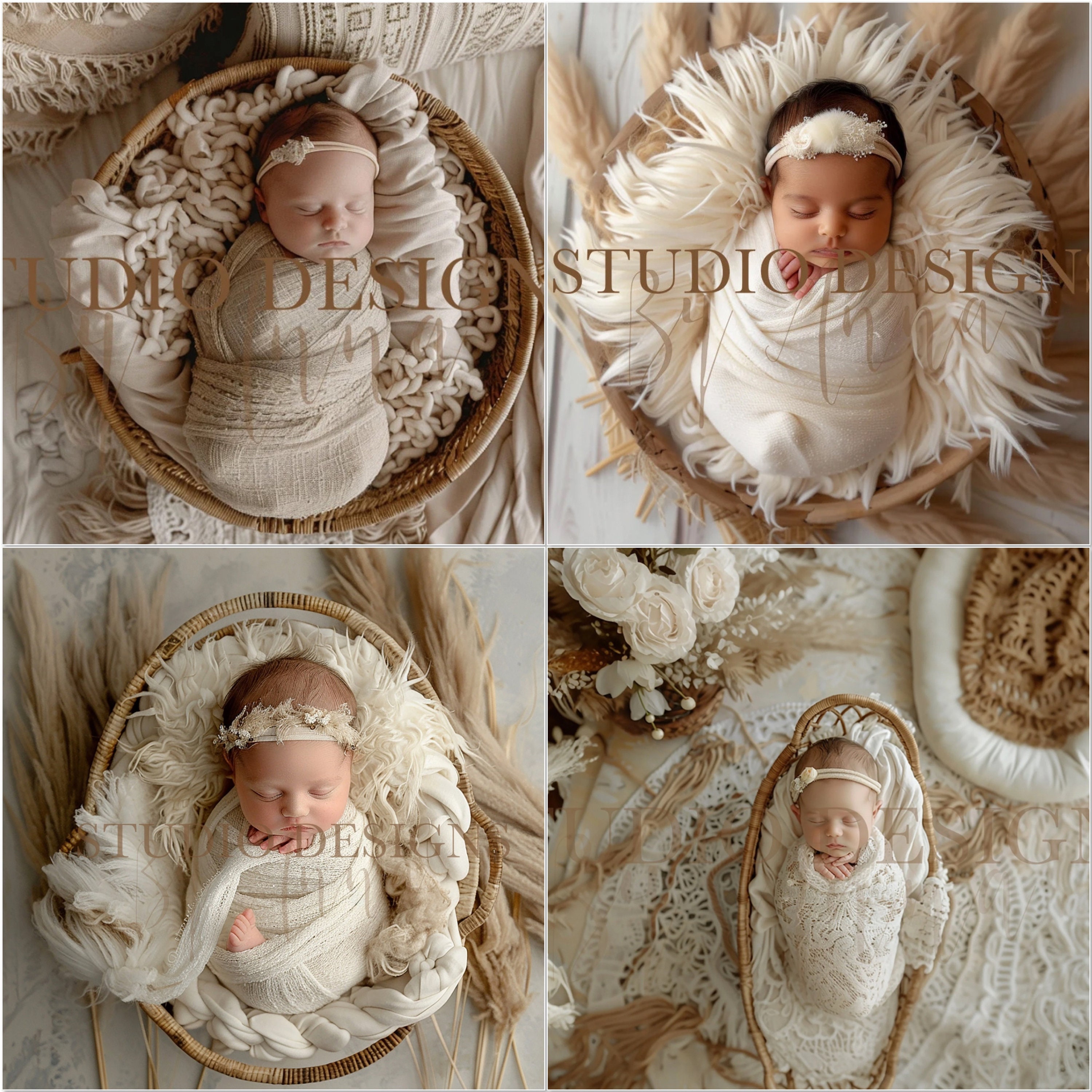 Set of 4 Boho Newborn Digital Backgrounds, Neutral Wooden Basket ...