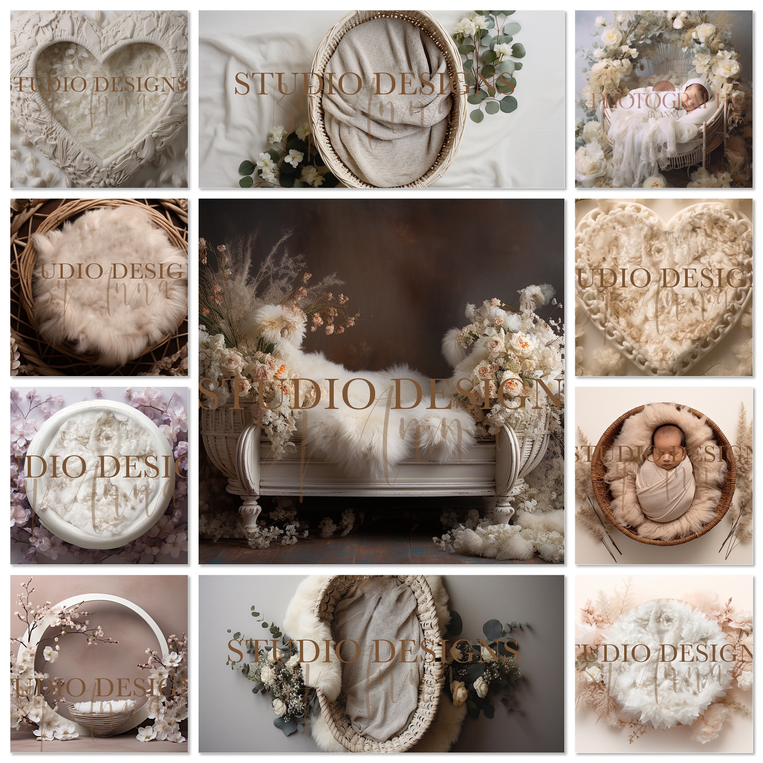 35 Neutral Newborn Digital Backgrounds, Big Bundle, Newborn Composite ...