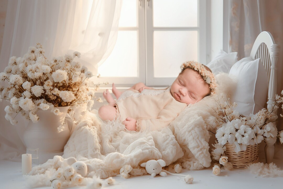 Digital Backdrop Newborn Girl Cream Floral Bed, Newborn Digital Photo ...