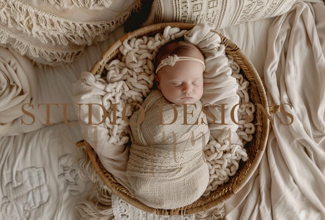 Set of 4 Boho Newborn Digital Backgrounds, Neutral Wooden Basket ...