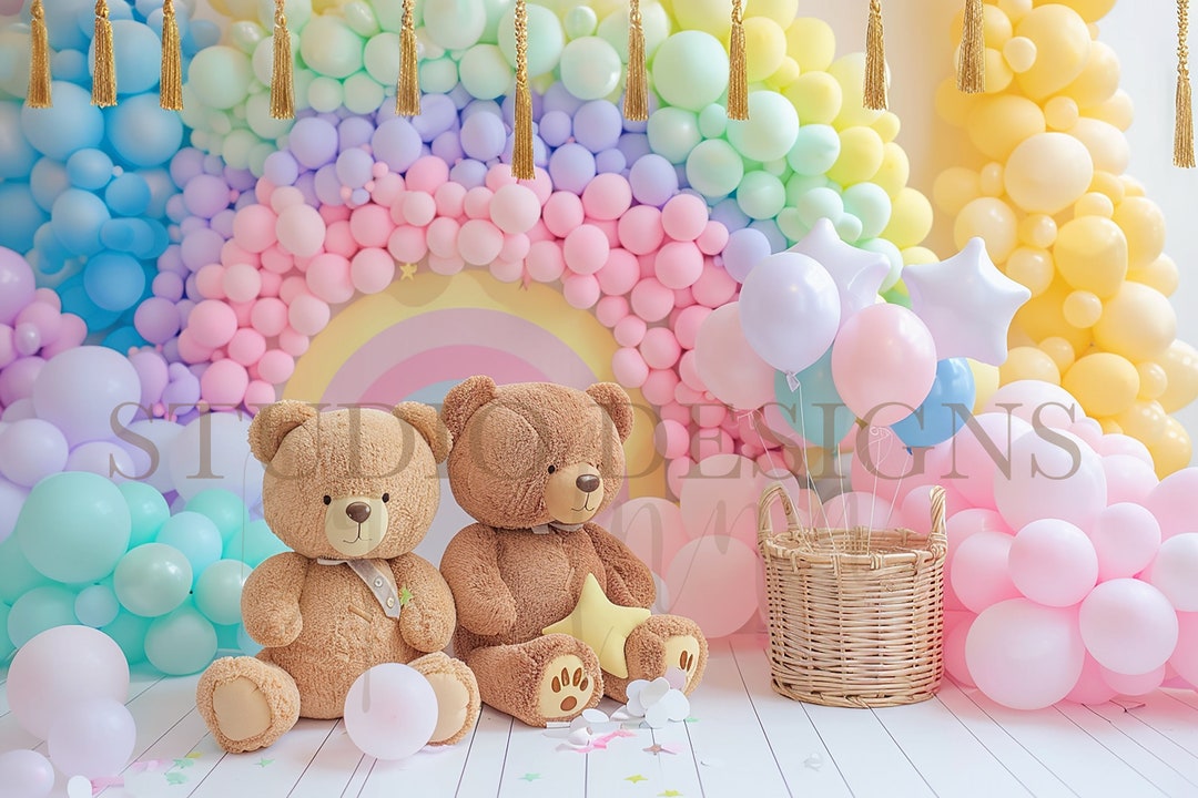 Children Birthday Backdrop ,digital Composition, Balloons and Teddy ...