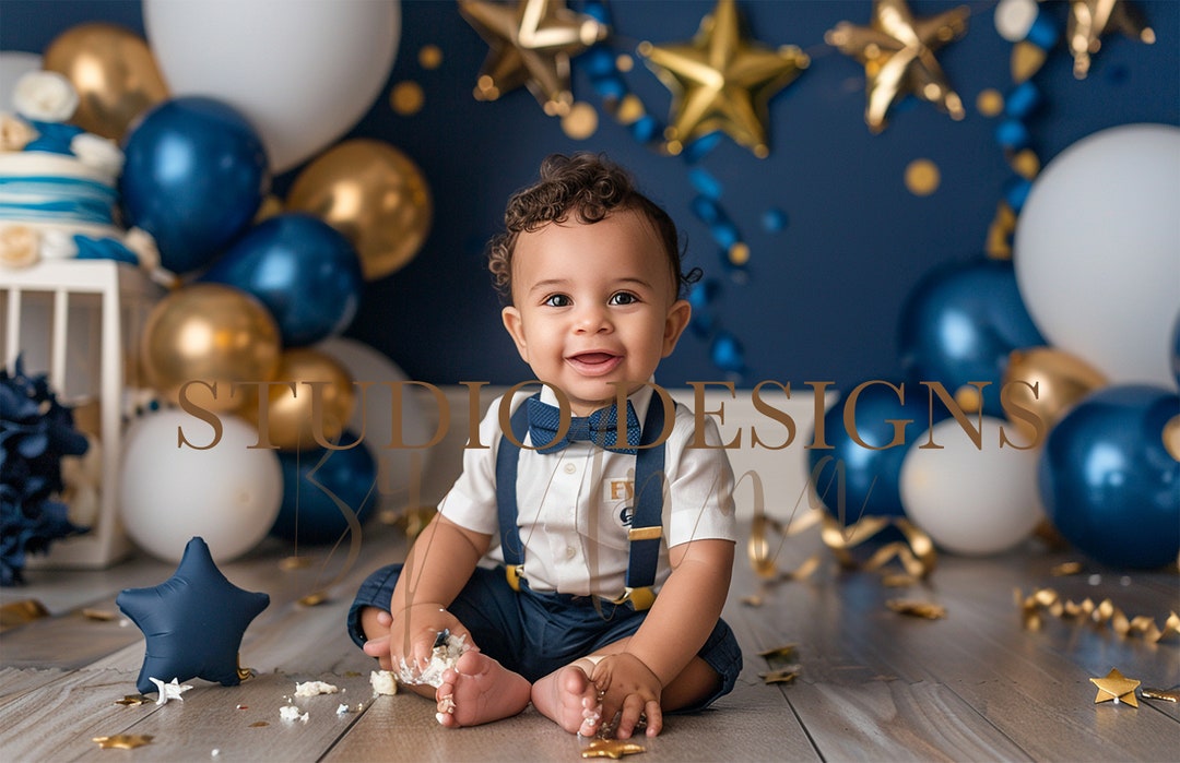 Children Birthday Backdrop,digital Composition, Balloons ONE ,blue Boy ...