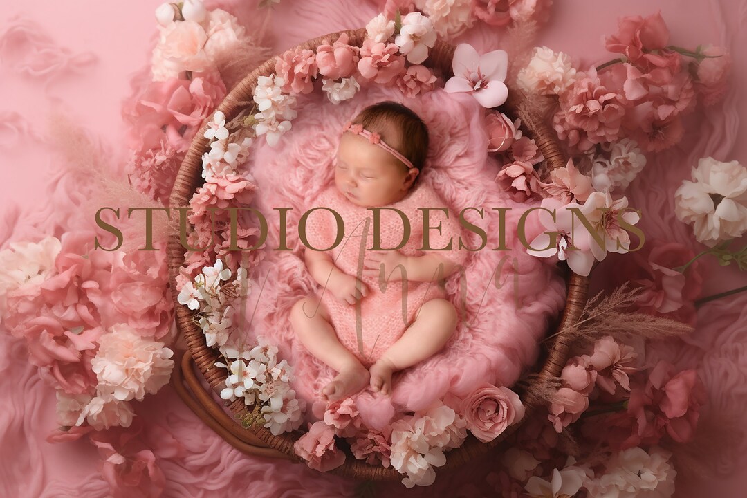 Digital Backdrop Newborn Girl Pink Floral Basket, Newborn Digital Photo ...