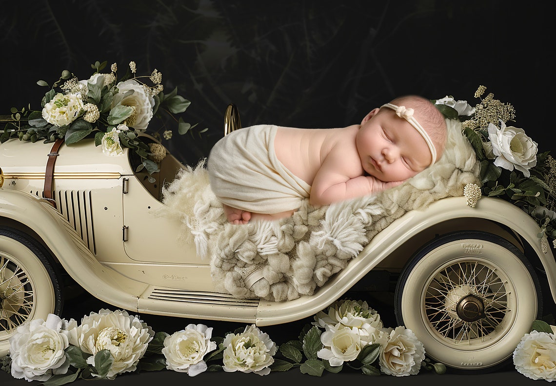 4 Car Newborn Digital Backgrounds, Vintage Car Digital Composition for ...