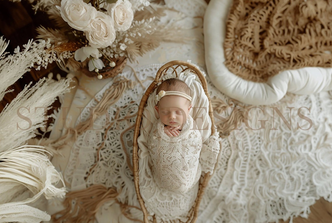 Set of 4 Boho Newborn Digital Backgrounds, Neutral Wooden Basket ...