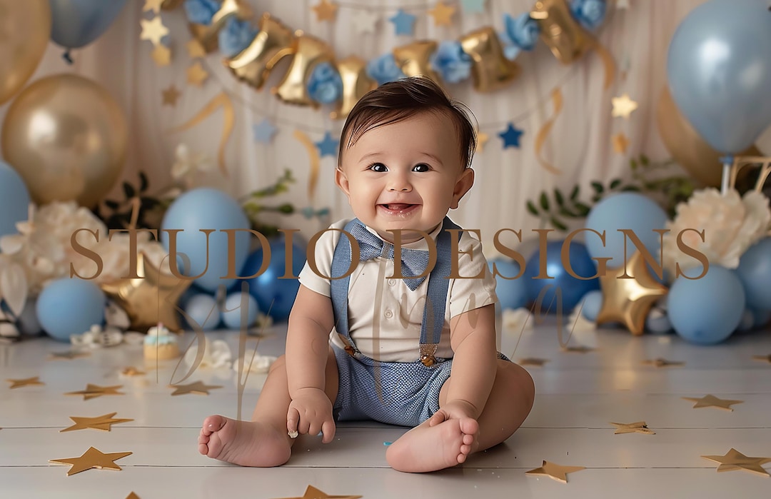 Children Birthday Backdrop,digital Composition, Balloons ONE ,blue Boy ...