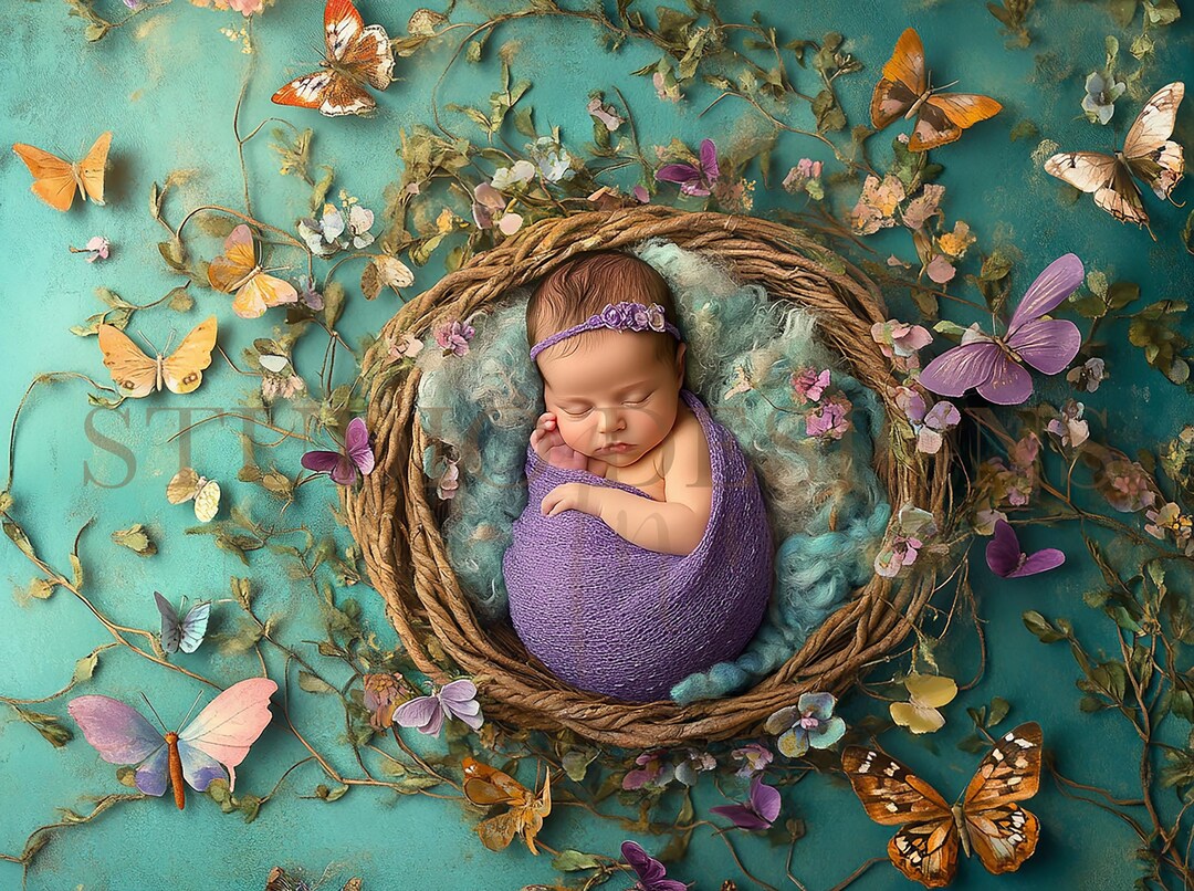 Digital Backdrop Newborn Butterfly Wings Floral Basket,newborn Digital ...