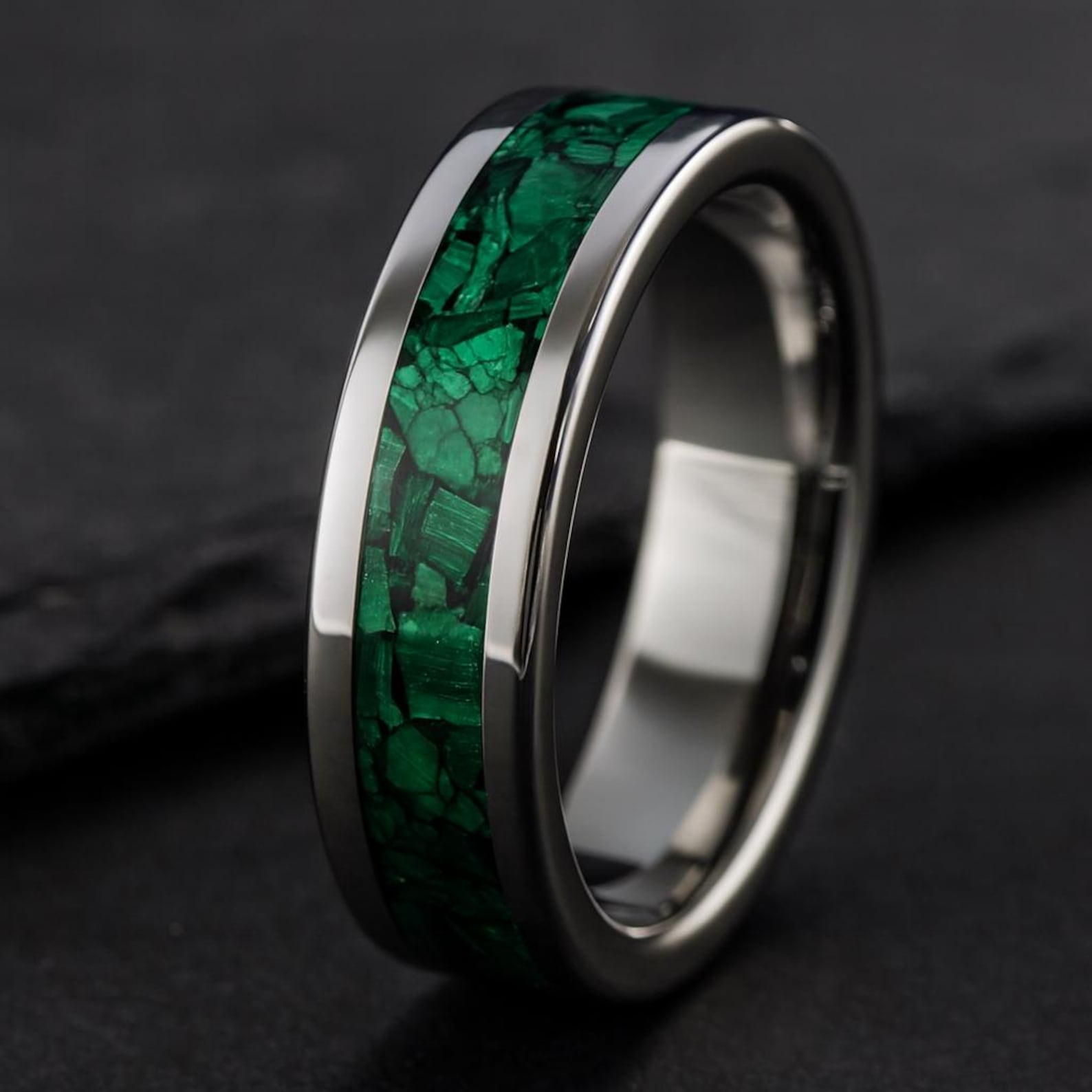 Malachite Engagement Ring, Titanium Wedding Ring, Emerald Green Band ...