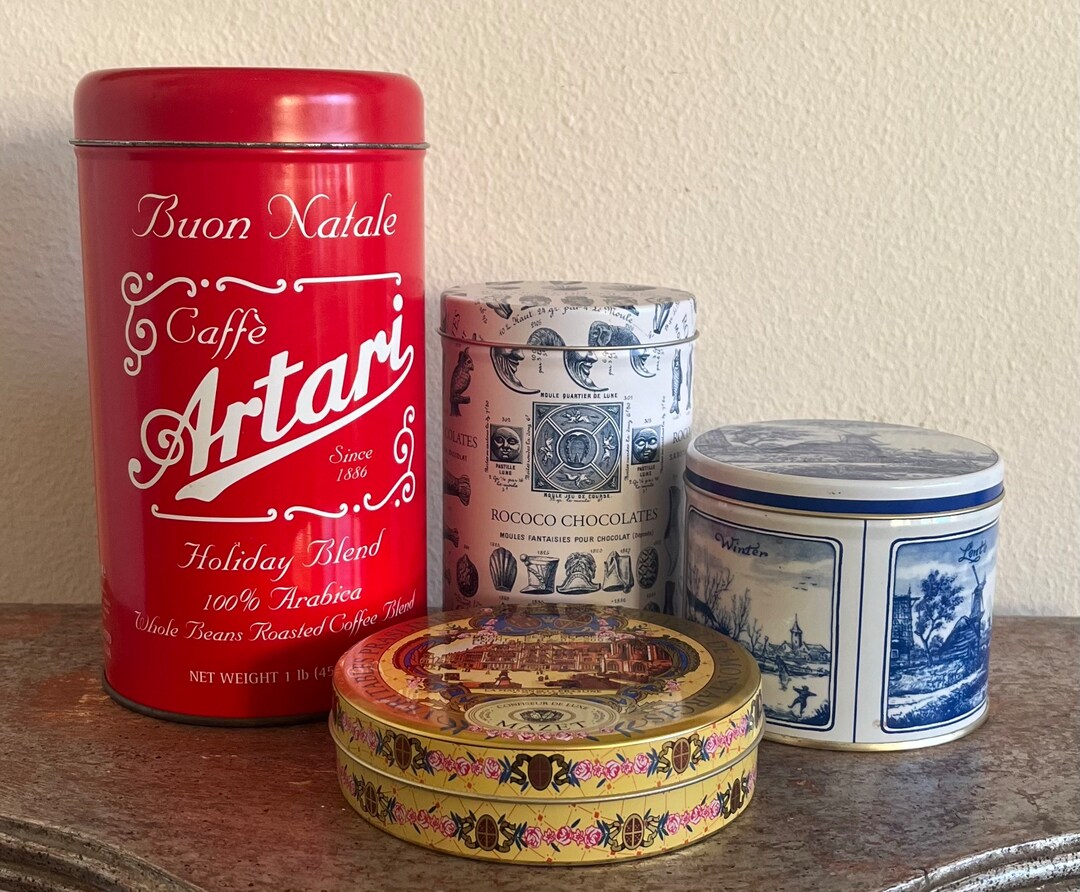Four European Tins: Caffé Atari, Rococo Chocolates, Dutch Delft Style ...