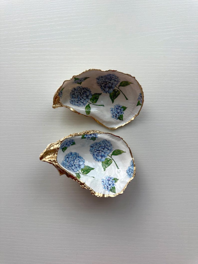 Oyster Shell Ring Dish: Blue Hydrangeas Print With Gold Trim - Etsy