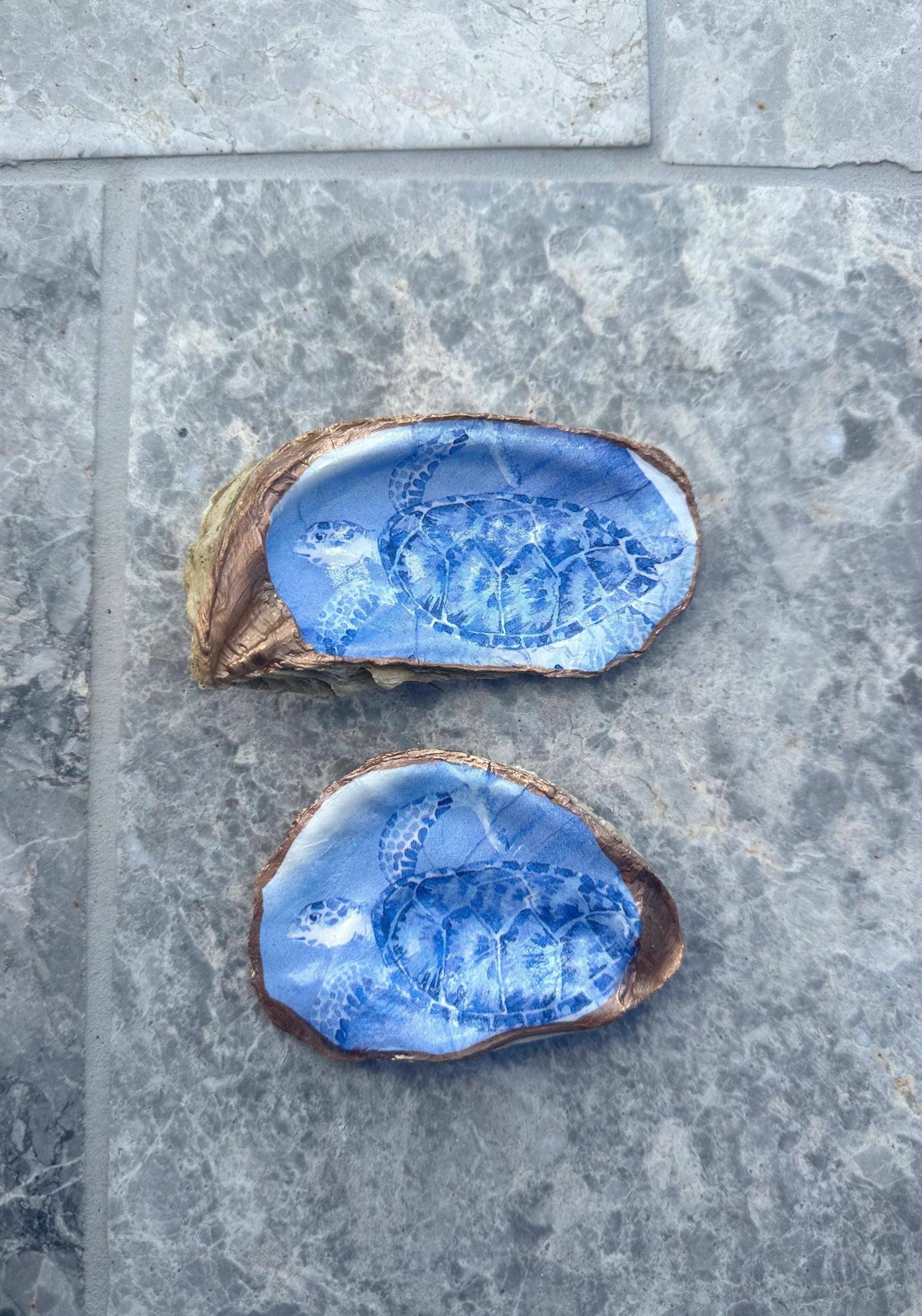 Oyster Shell Ring Dish: Blue Sea Turtle Print With Gold Trim - Etsy