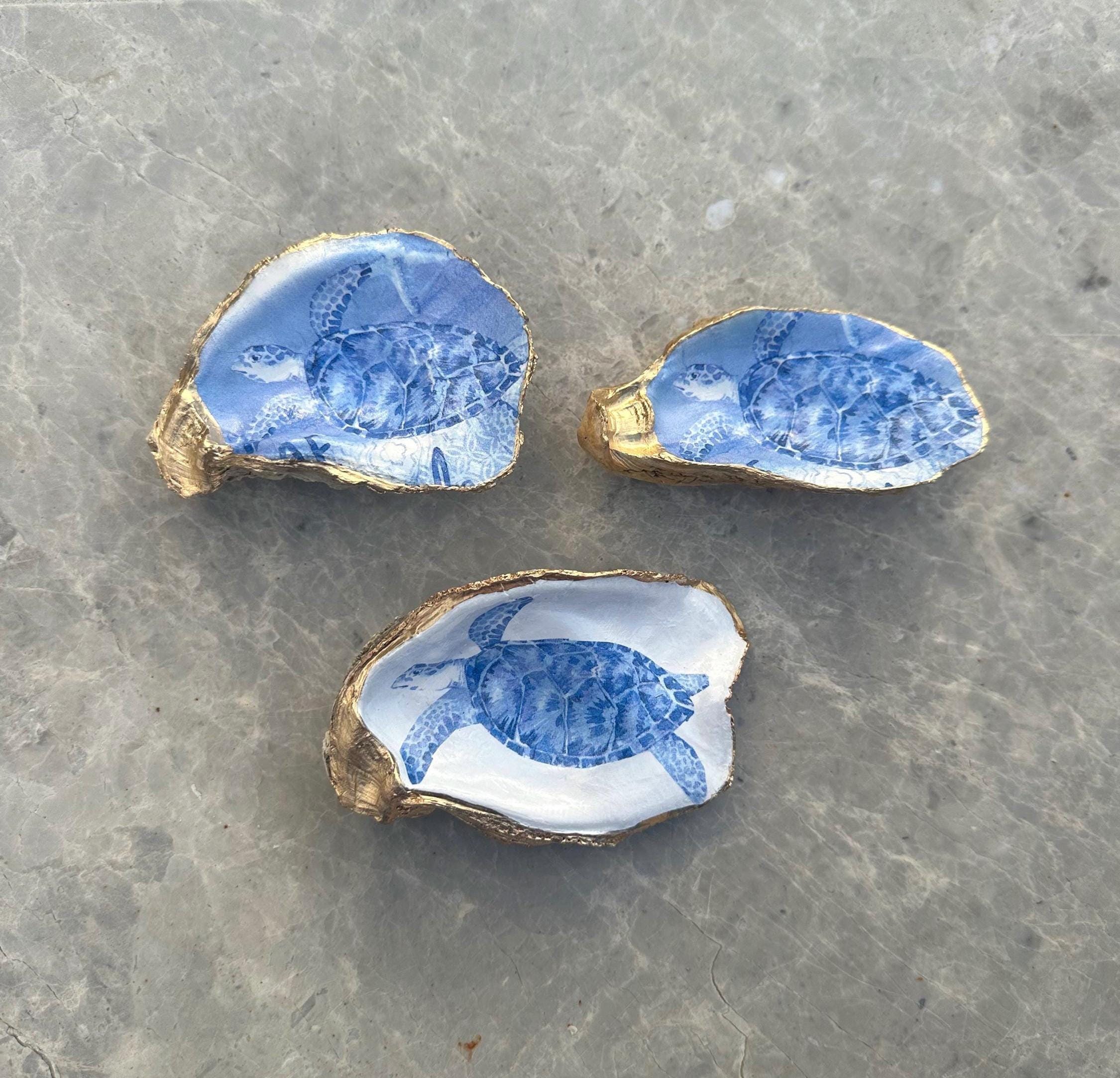 Oyster Shell Ring Dish: Blue Sea Turtle Print With Gold Trim - Etsy