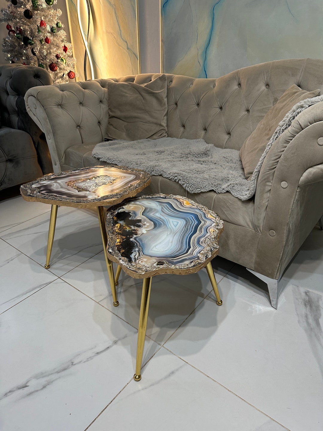 2 X Nested Geode Table Original Resin Geode Coffee Table Set Resin Grey ...