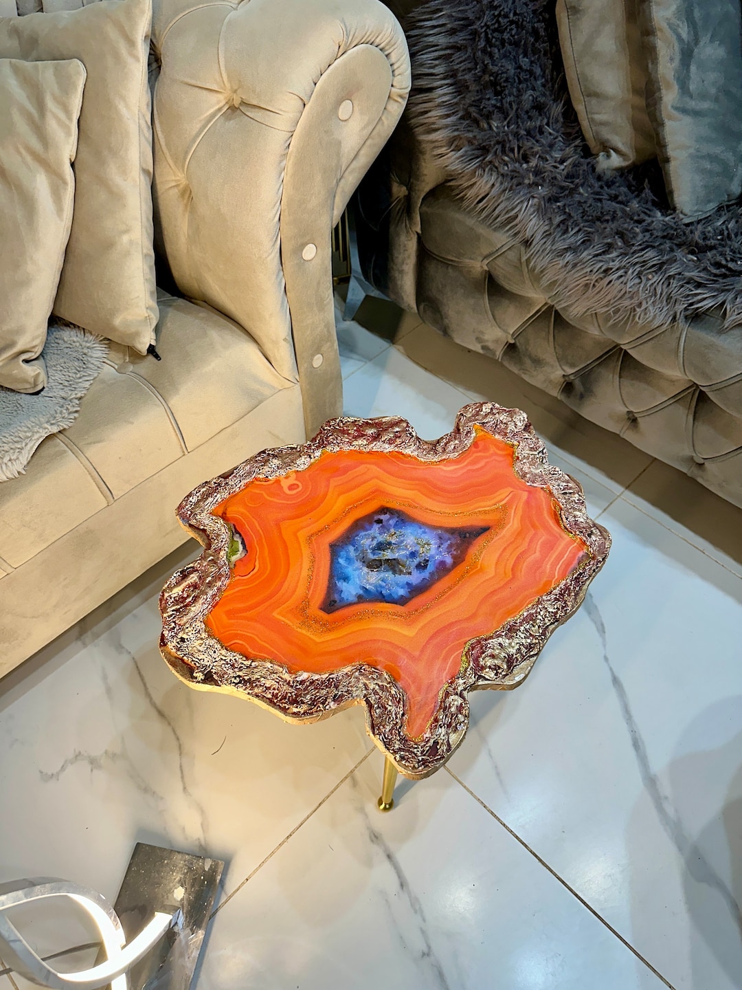 One Geode Table Set Gold Orange Epoxy Coffee Table Handmade Art Coffee ...