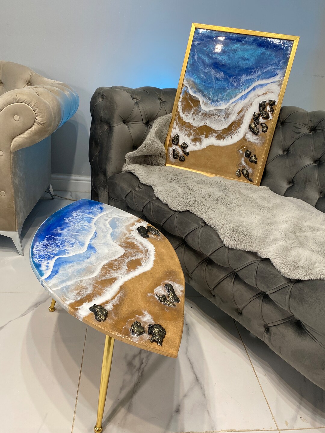 Set of Two Ocean Rock Art Surfboard Coffee Table and Artwork Home Decor ...