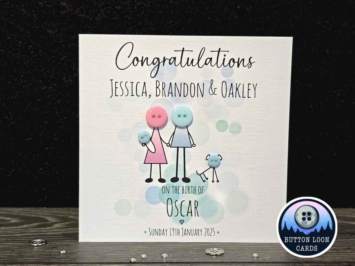 Handmade & Personalised Button Card Family New Baby Girl or Boy ANY ...