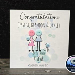 Handmade & Personalised Button Card Family New Baby Girl or Boy ANY ...