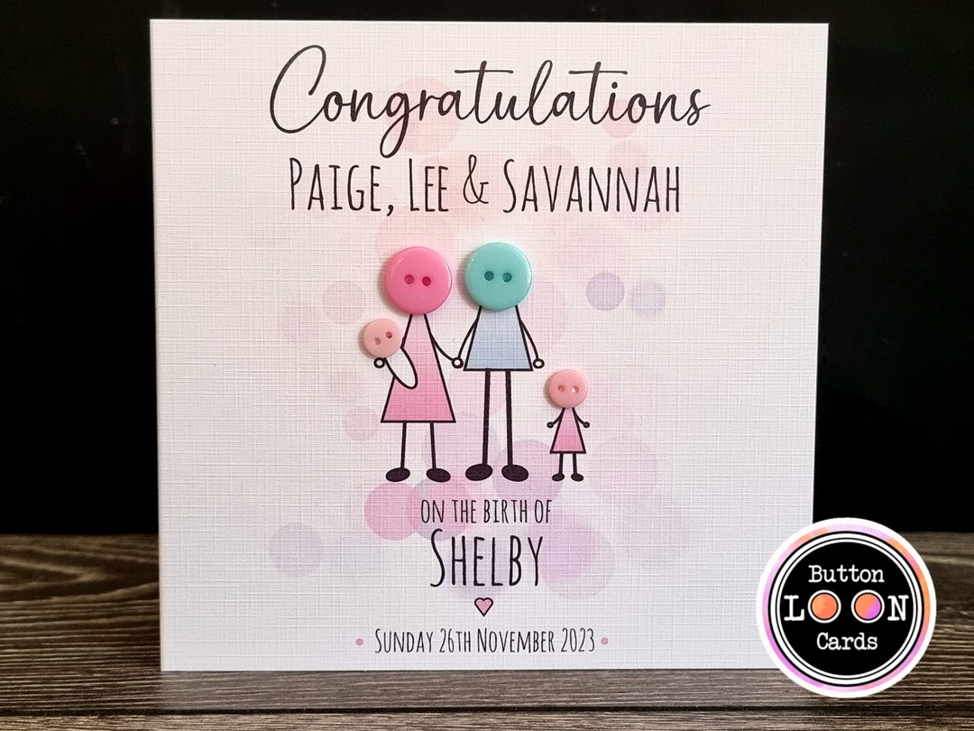 Handmade & Personalised Button Card Family New Baby Girl or Boy ANY ...