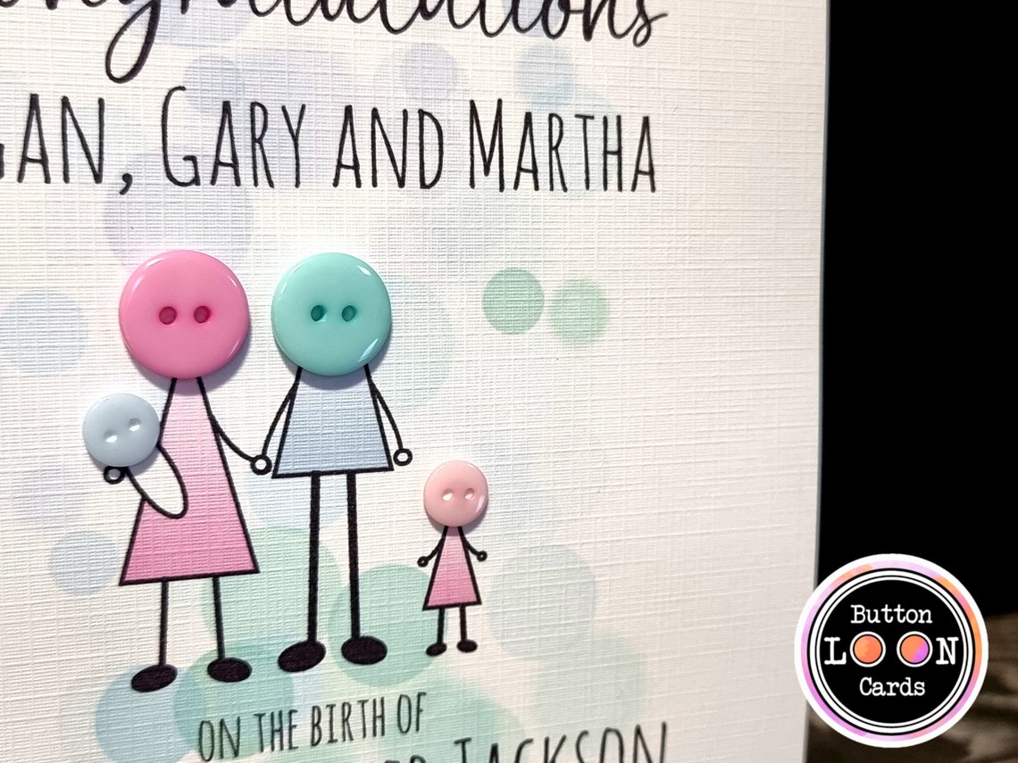 Handmade & Personalised Button Card Family New Baby Girl or Boy ANY ...