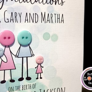 Handmade & Personalised Button Card Family New Baby Girl or Boy ANY ...