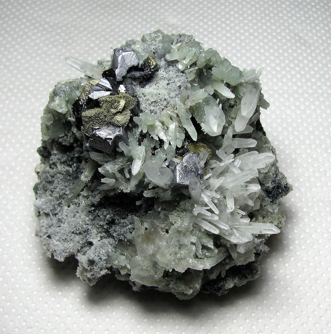 Lovely Galena With Sphalerite and Chalcopyrite on Green Quartz With ...