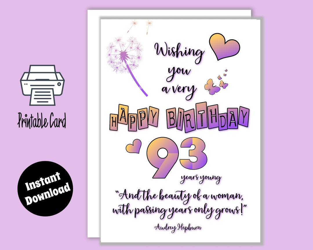 Instant Download and Print at Home 93rd Birthday Card - Etsy