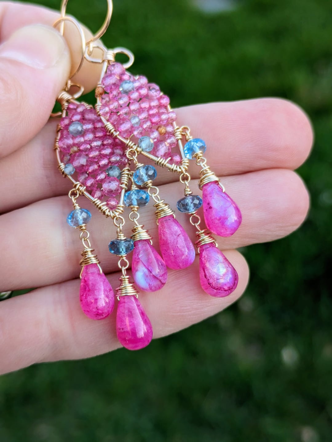Hot Pink Rainbow Moonstone and Swiss Blue Topaz Earrings - Etsy
