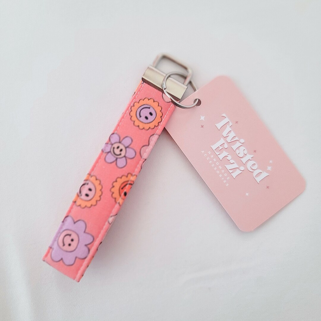 Flower Smiley Face Keychain Wristlet + Lanyard Key Fob Strap ...