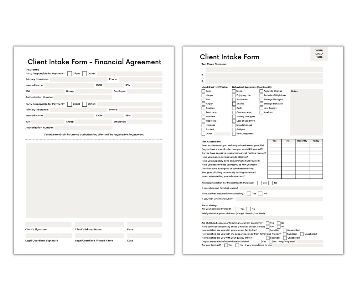 Counseling Intake Form, Therapy Client Intake Form, Financial Agreement ...