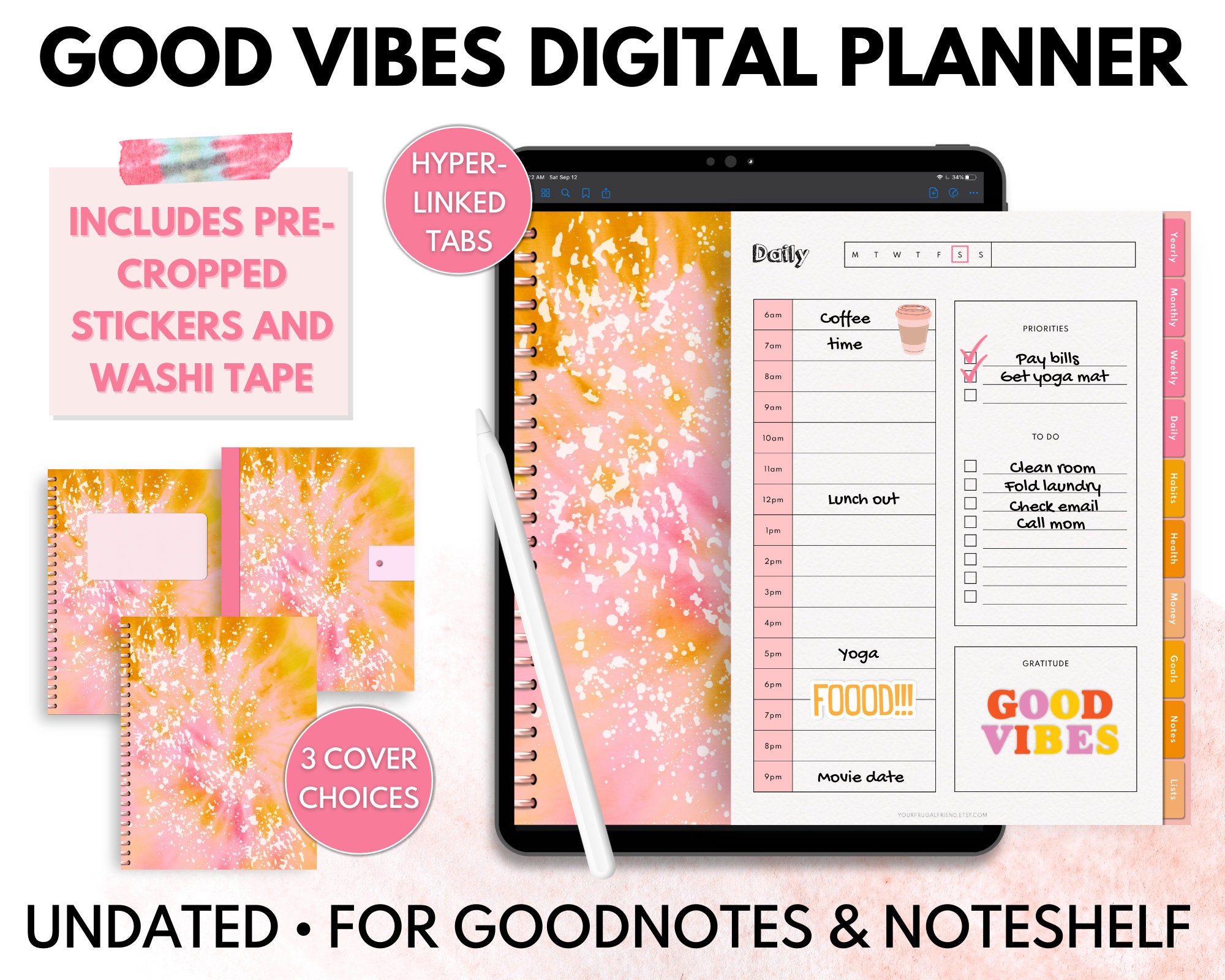 Digital Planner Undated, Tie Dye Planner, Goodnotes Portrait Planner ...