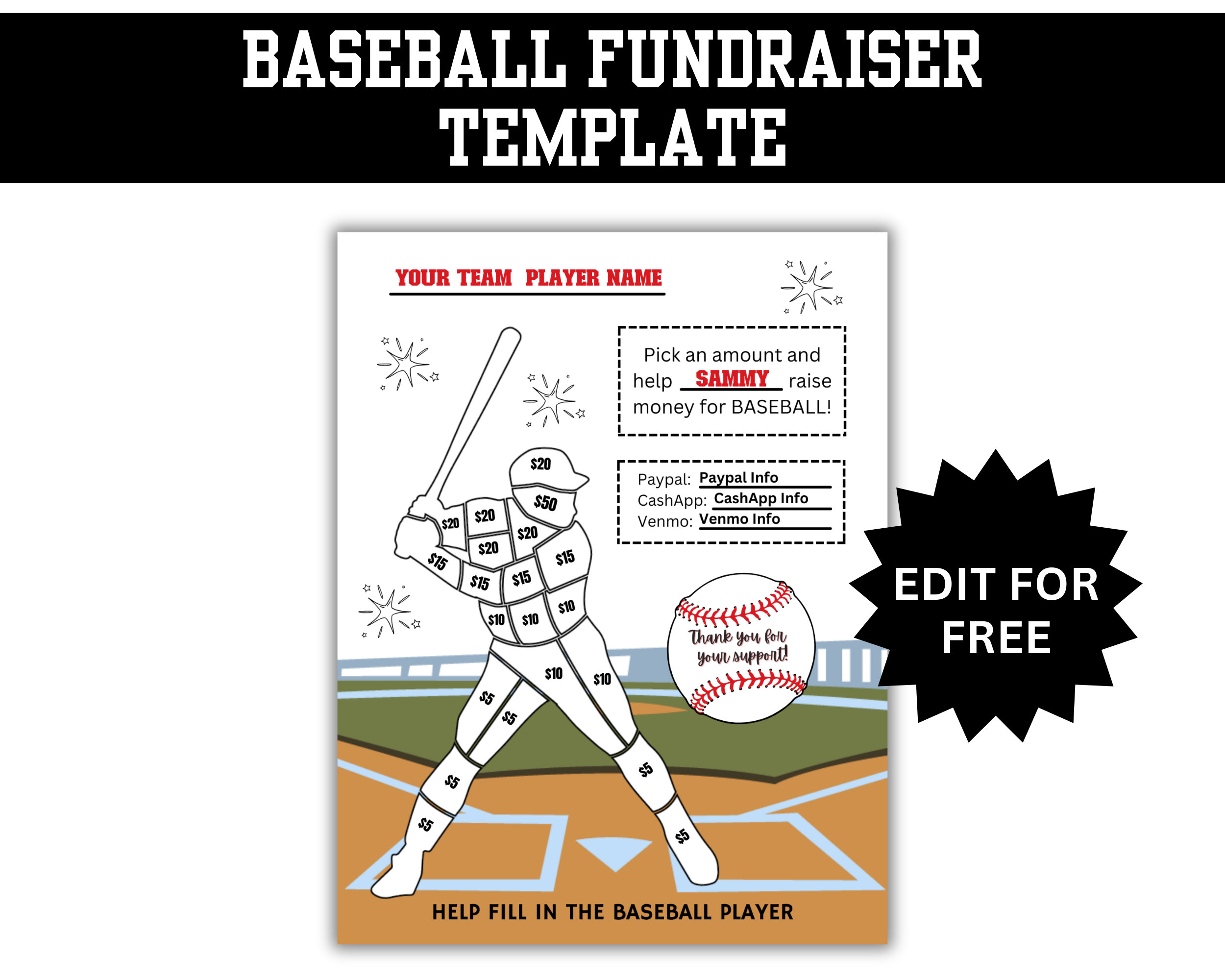 Editable Baseball Player Fill in Fundraiser, Baseball Fundraiser Sheet ...