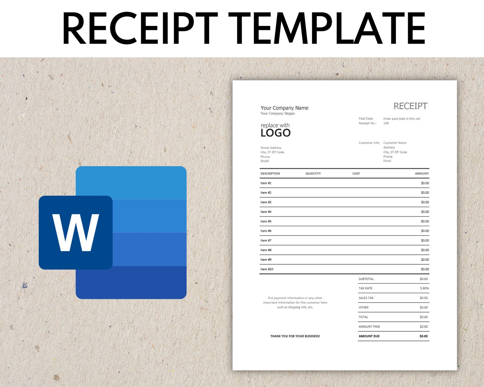 Receipt Template Receipt Form Receipt for Word Order - Etsy