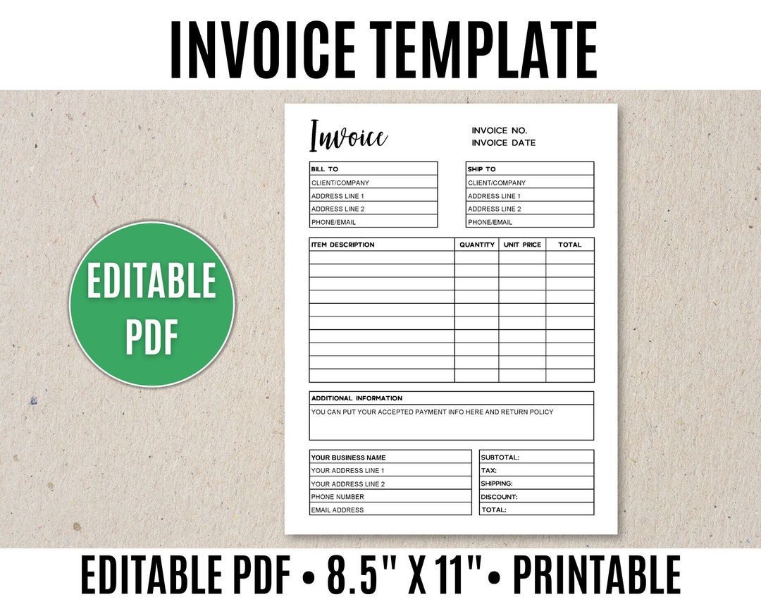 Fillable Invoice, Invoice Template Editable Printable, Business Invoice ...
