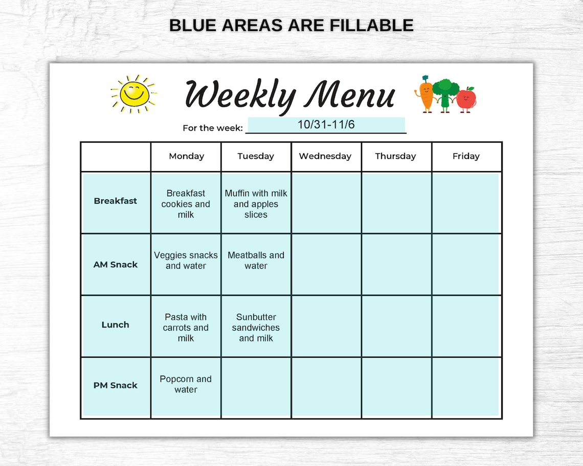 Editable Weekly Daycare Menu Preschool Menu Weekly Menu for - Etsy