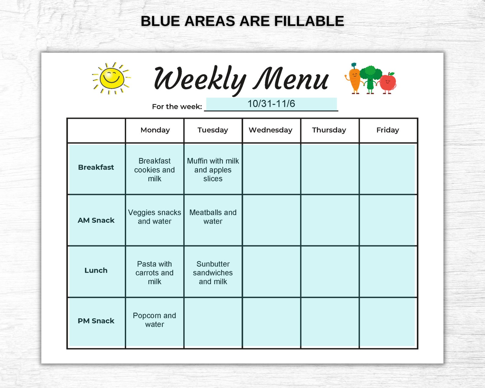 Editable Weekly Daycare Menu Preschool Menu Weekly Menu for - Etsy