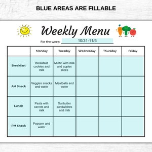 Editable Weekly Daycare Menu, Preschool Menu, Weekly Menu for Daycare ...