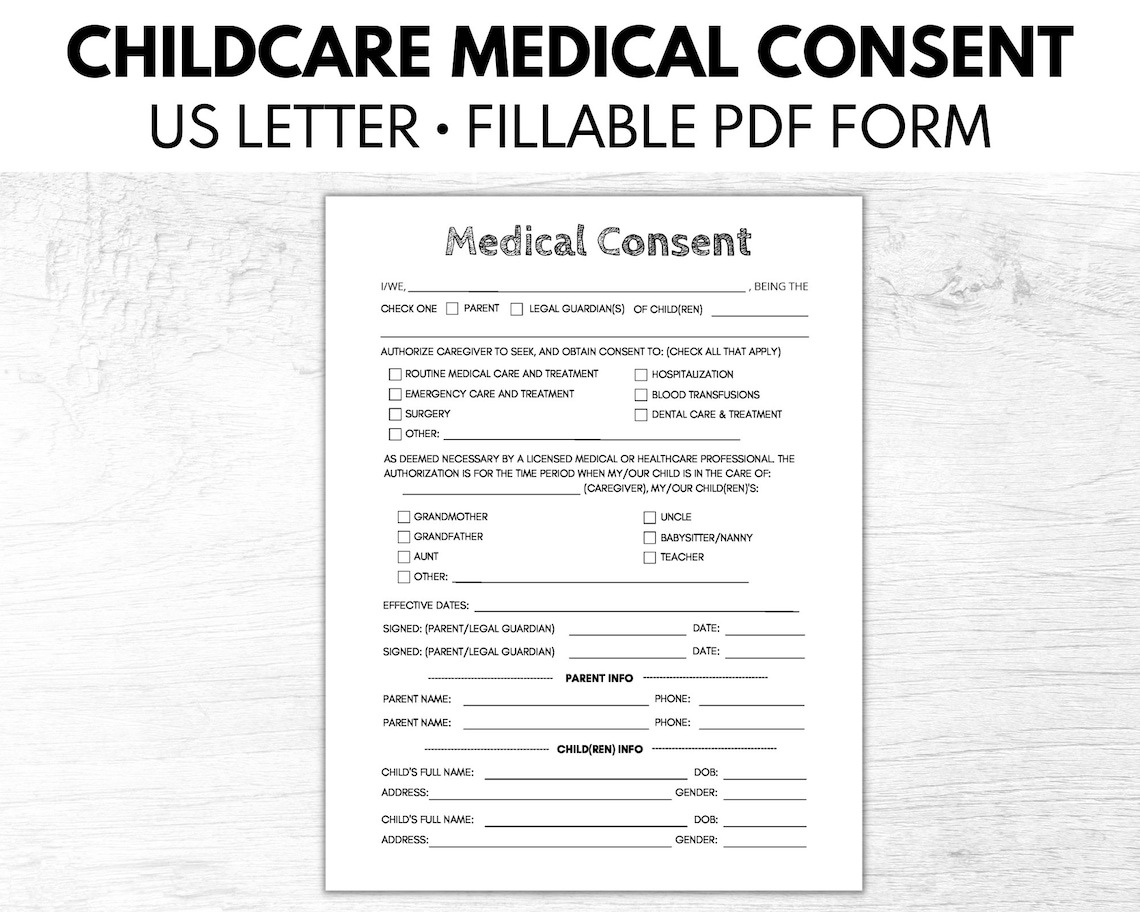 Childcare Medical Consent Form, Babysitter Information, Childcare ...