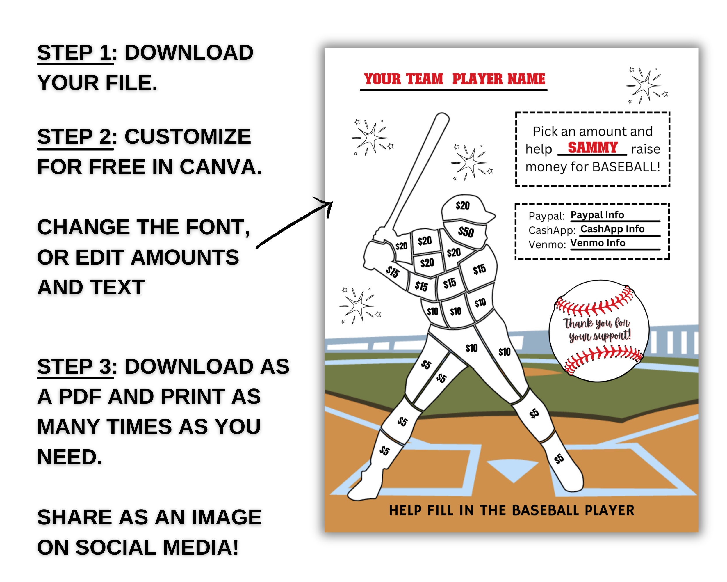 Editable Baseball Player Fill in Fundraiser, Baseball Fundraiser Sheet ...