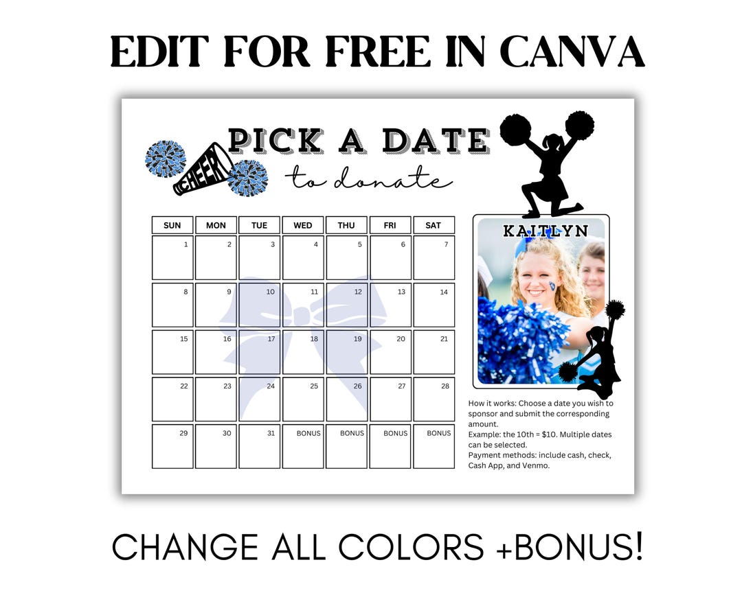 Editable Cheer Pick a Date to Donate Calendar, Cheerleading Photo ...