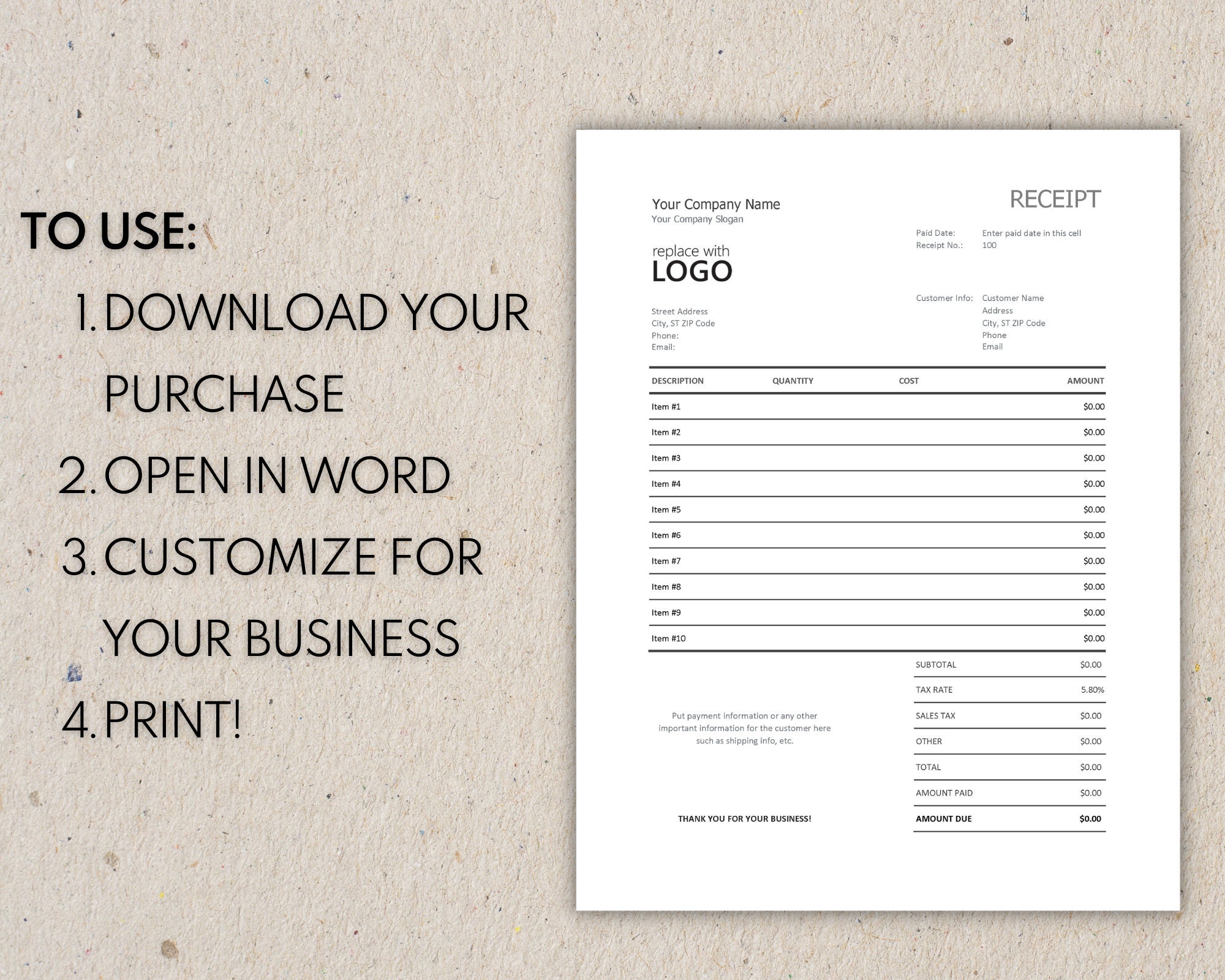 Receipt Template Receipt Form Receipt for Word Order - Etsy