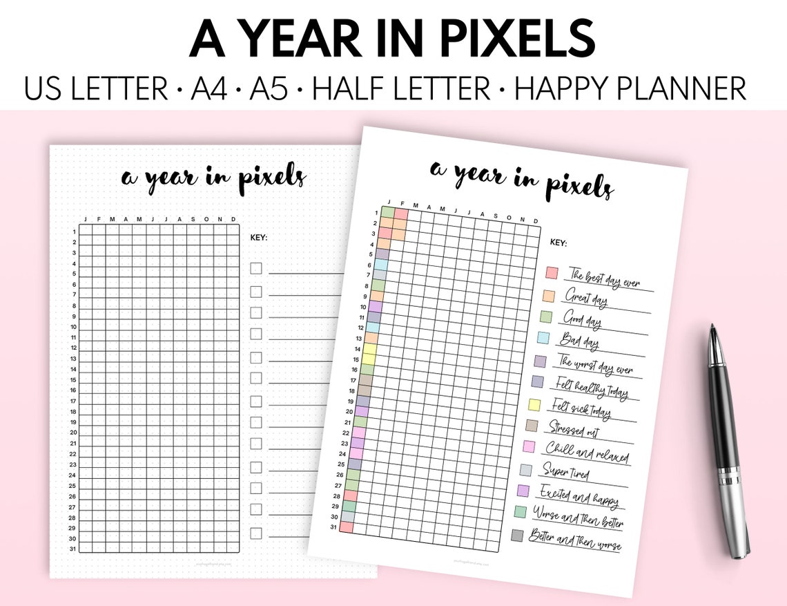 A Year in Pixels Printable, Mood Tracker, Emotion Tracker, Wellness ...
