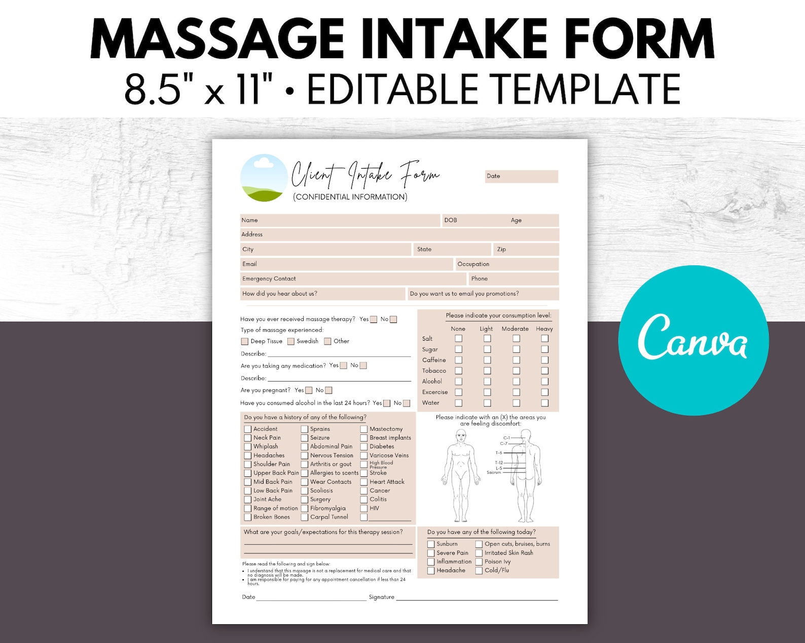 Massage Intake Form Massage Consent Form Massage Therapist - Etsy
