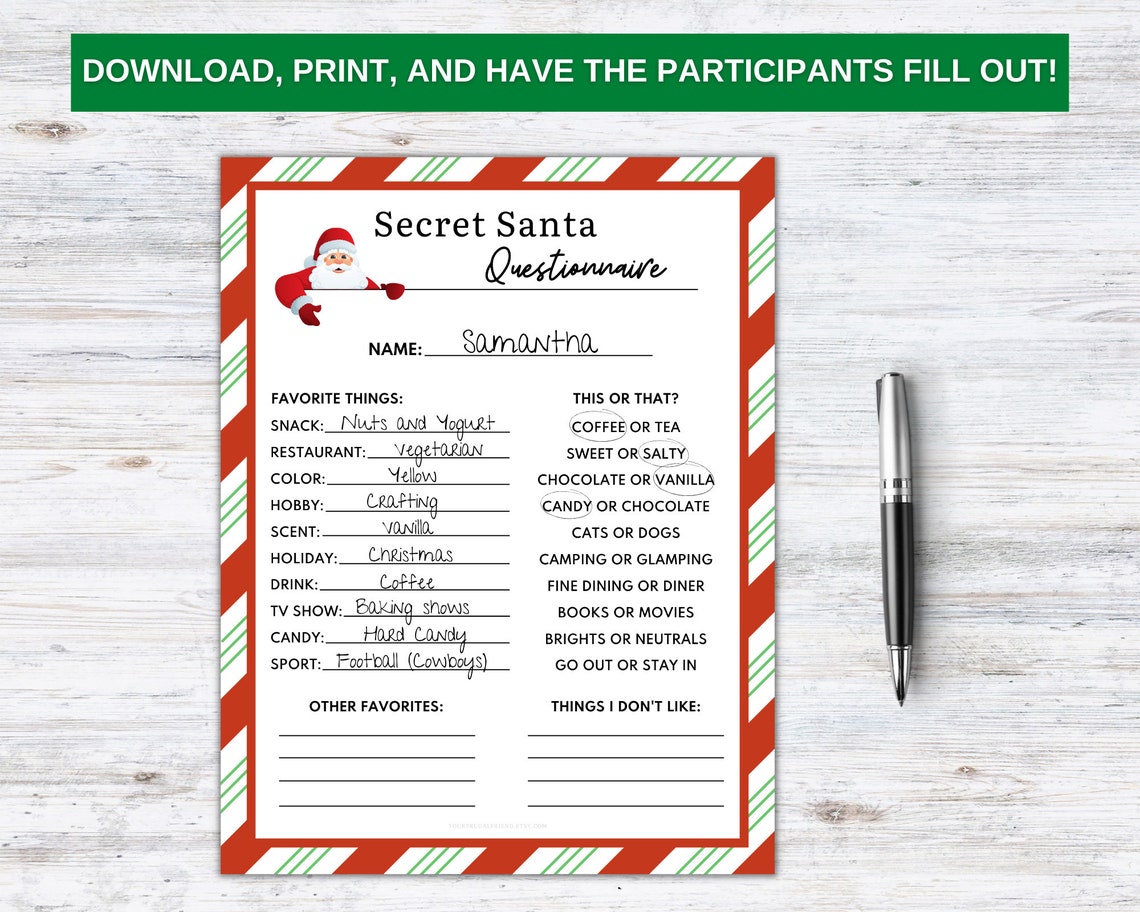 Secret Santa Questionnaire Printable Christmas Wish List - Etsy