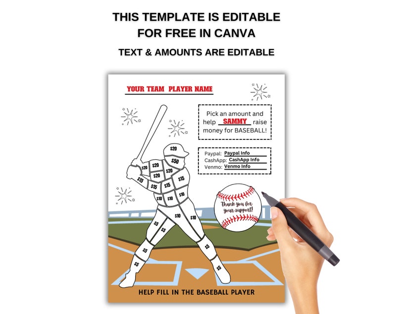 Editable Baseball Player Fill in Fundraiser, Baseball Fundraiser Sheet ...