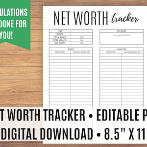 Net Worth Tracker Template, Net Worth Annual Worksheet, Net Worth Track ...
