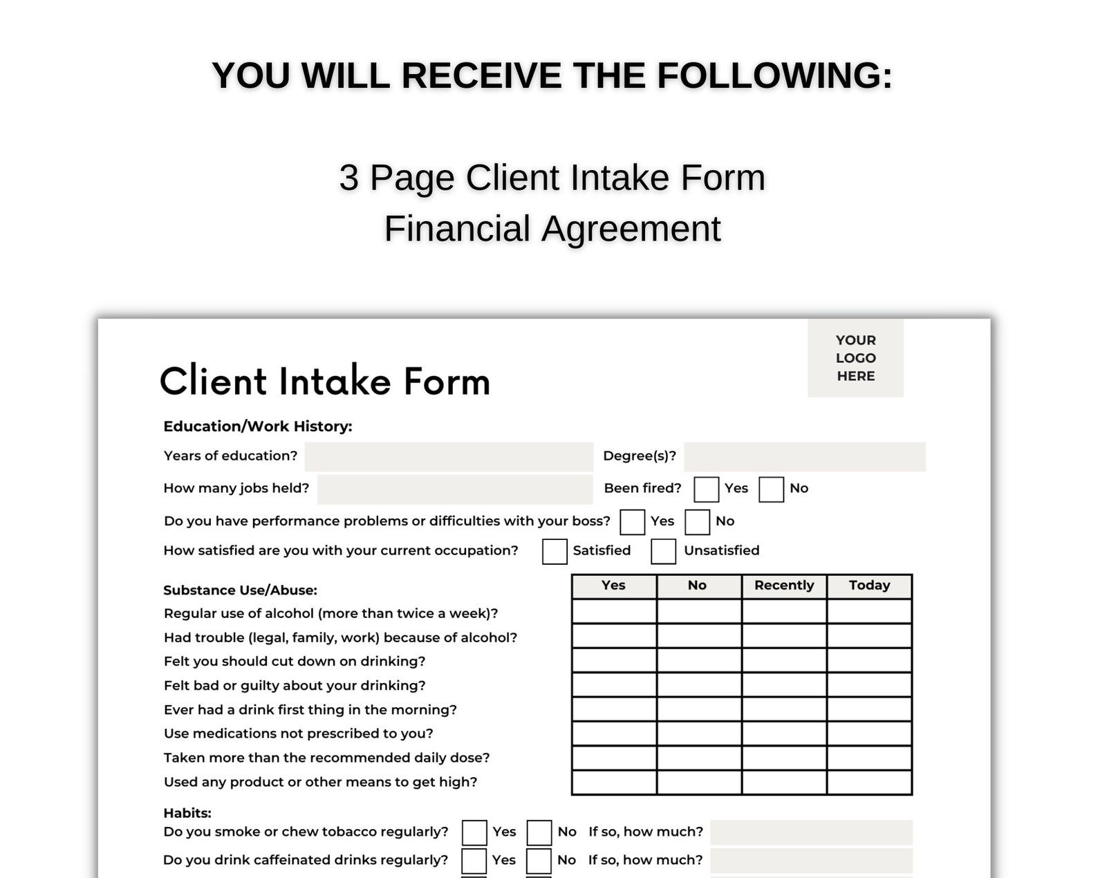 Counseling Intake Form, Therapy Client Intake Form, Financial Agreement ...